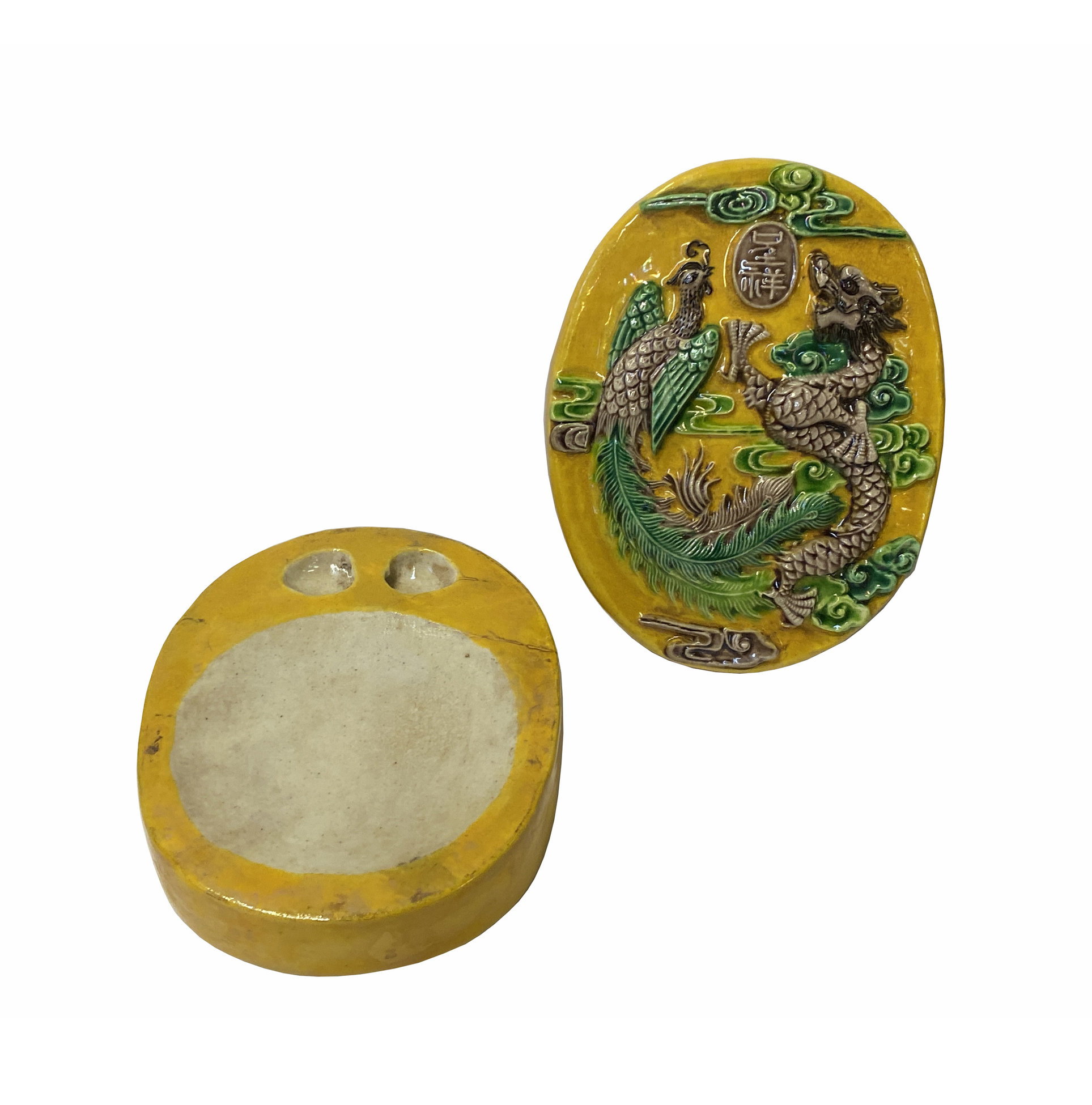Chinese Yellow Mustard Ceramic Phoenix Dragon Ink Well Dipping Display ...
