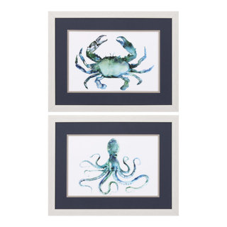 "Crab Octopus" Framed Artwork, 2-Piece Set - Beach Style - Prints And ...