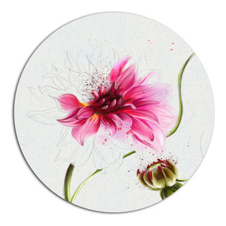 Pink Flower with Stem and Bud, Floral Round Metal Wall Art, Disc of 11 ...