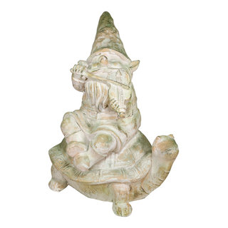 Alpine Mossy Stone Garden Gnome Playing Fiddle on Turtle Statue, 20 ...