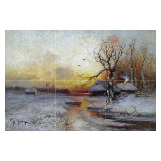 Tile Mural Landscape winter dawn snow boat Backsplash, 8" Ceramic Matte ...