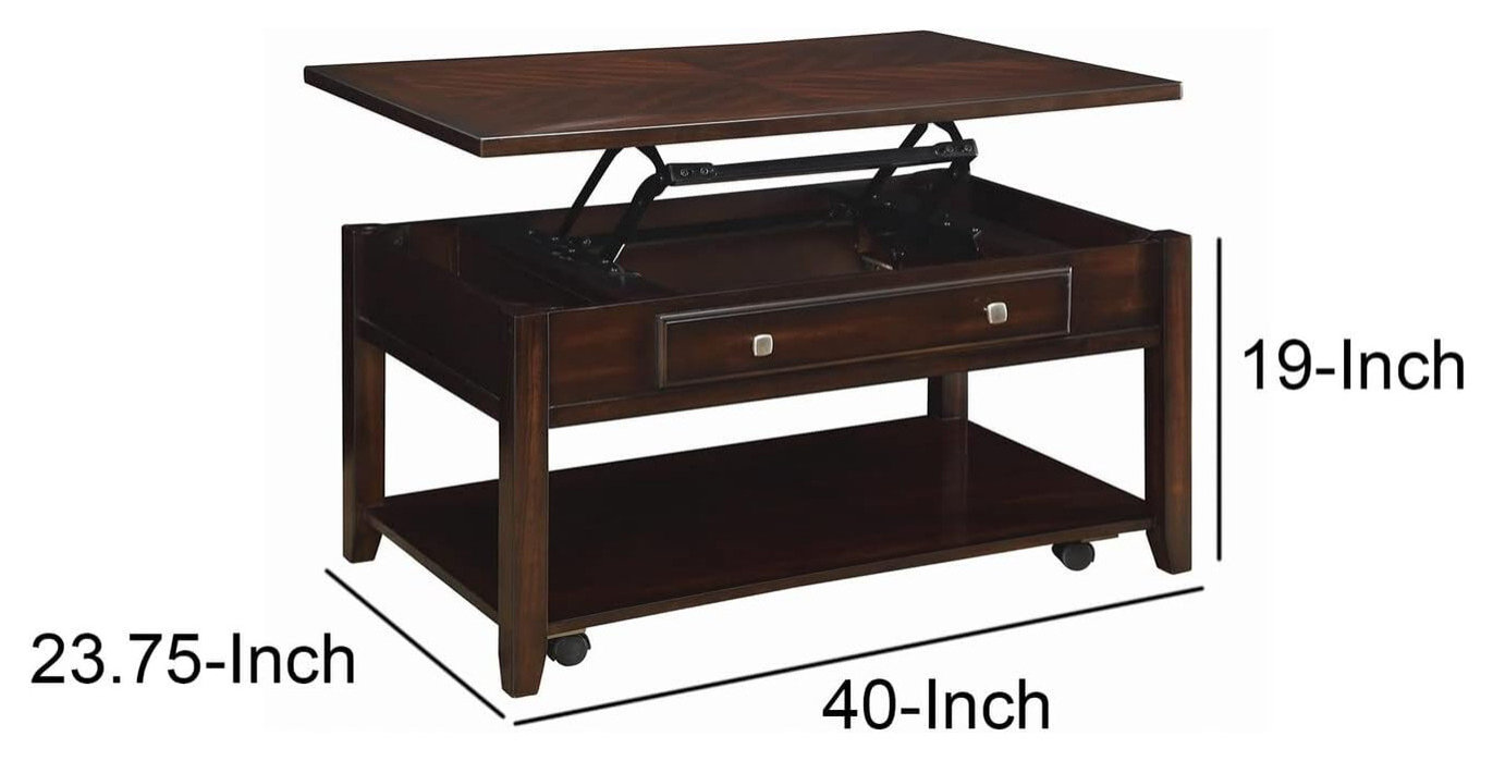Modern Coffee Table, Caster Wheels With Lift Up Top & Open Shelf, Brown ...