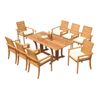 9-Piece Outdoor Teak Dining Set: 69" Folding Table, 8 Alps Stacking Arm ...