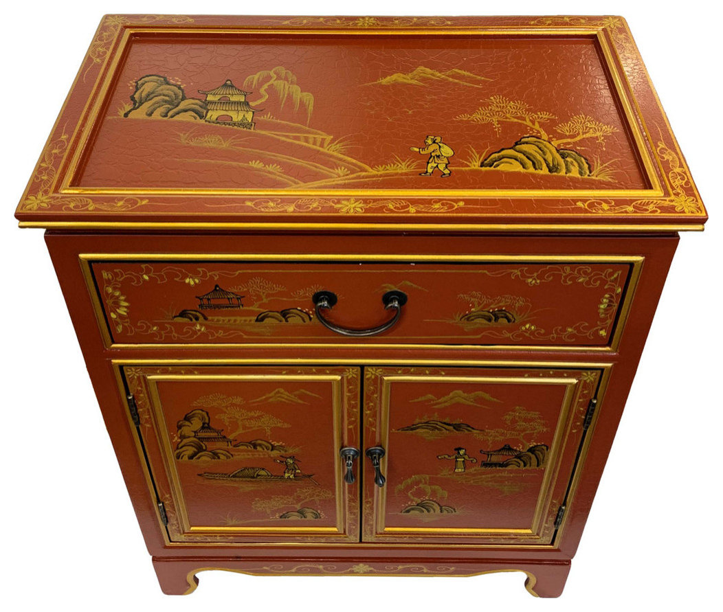 30"H. Asian Shoe Cabinet Hand Painted Landscape on Antique Red - Asian ...