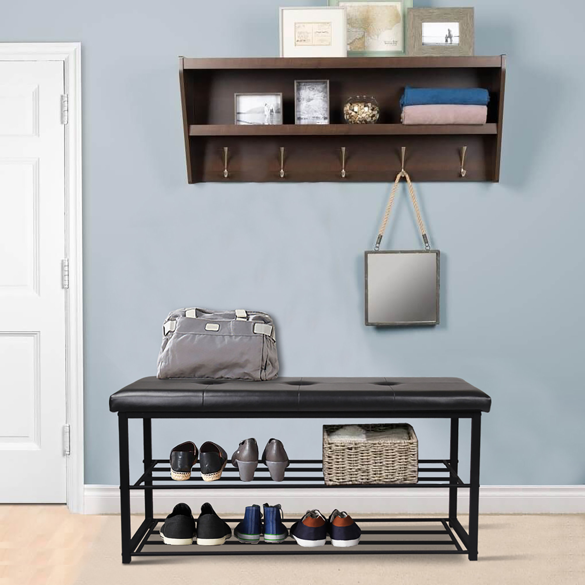 Black Entryway Shoe Rack Bench, Cushioned Faux Leather Seat ...