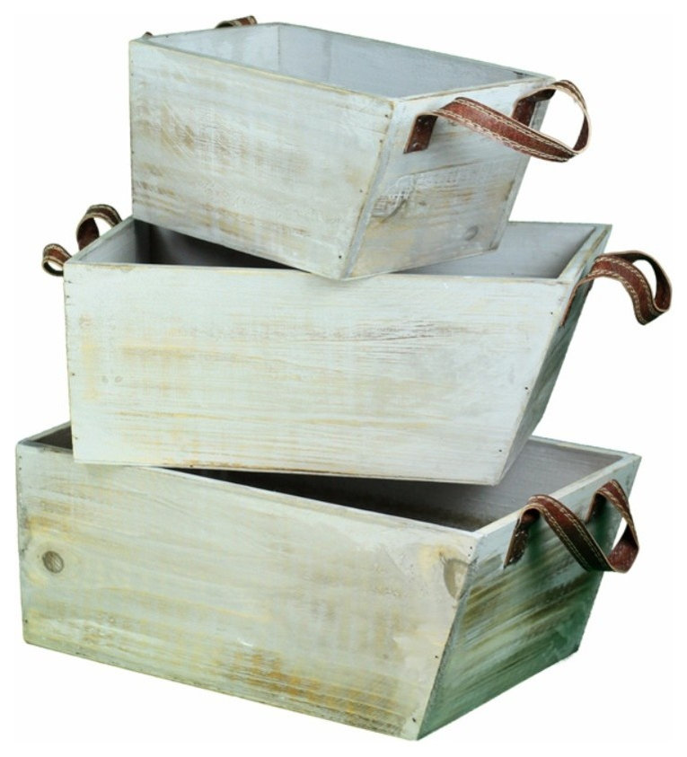 3 Piece Wooden Planter With Handle, White - Farmhouse - Indoor Pots And ...