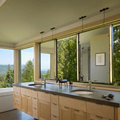 Bathroom layout ideas - one wall is floor to ceiling window | Houzz Forum