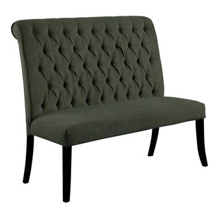 Transitional Gray Tufted Dining Bench with Scrolled Back and Black Legs ...
