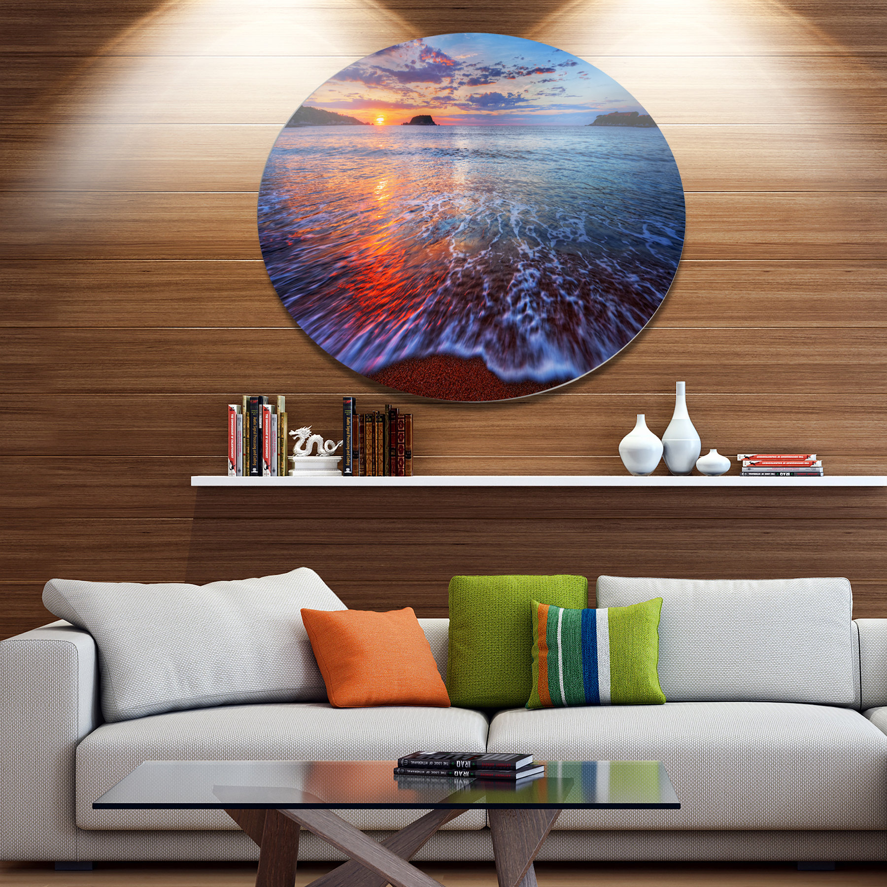 Placid Shore And Whimsical Clouds, Seashore Art Round Wall Art, Disc of ...