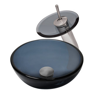 Mini 12" Clear Slate Grey Glass Vessel Sink Combo with Faucet and Drain ...