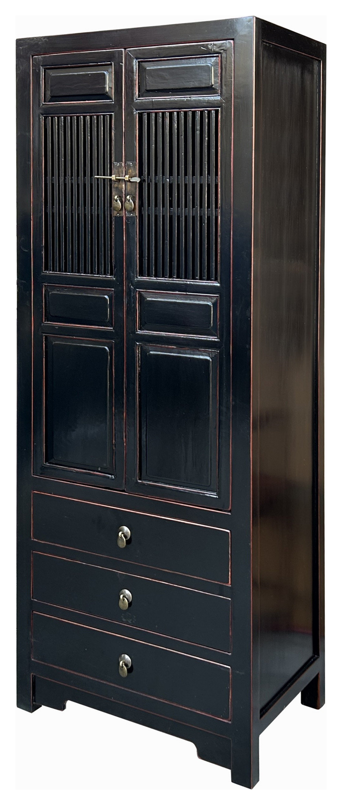 Oriental Black Narrow Wood Carving Shutter Doors Drawers Storage ...