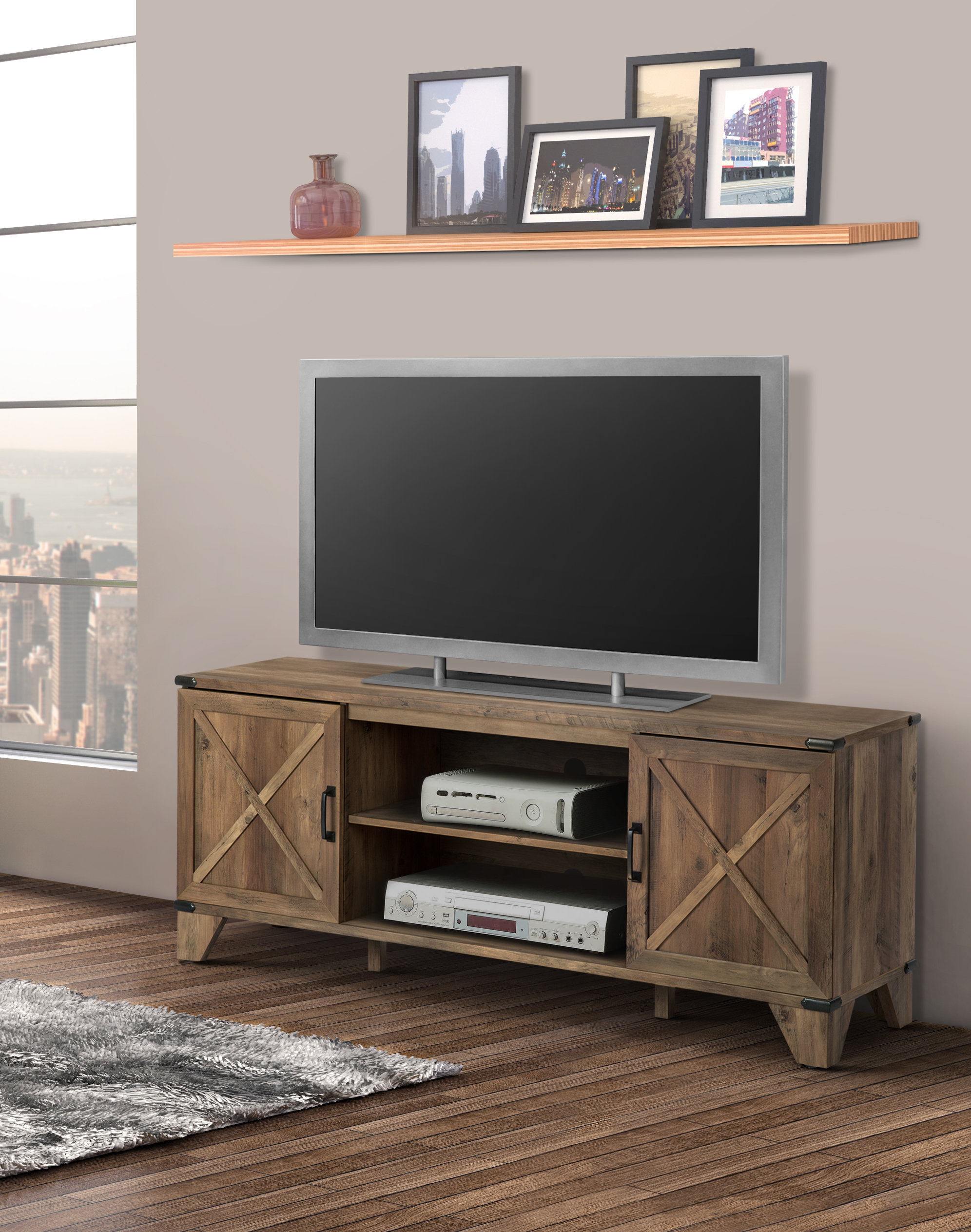 Oxford 60'' Wide 6 shelves Wooden Farmhouse TV Stand in Rustic Oak ...