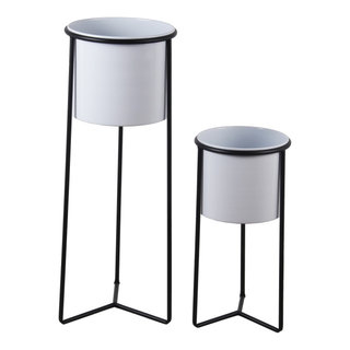 Industrial Metal Round Planter with Tri Base, Set of 2, White and Black ...