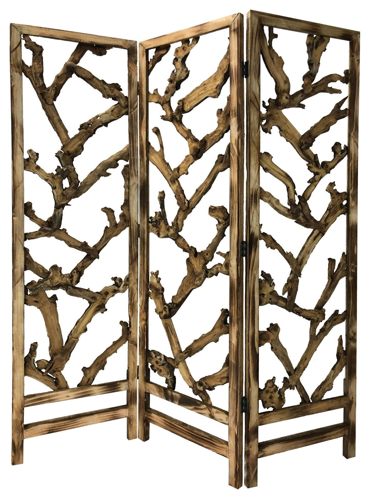72 Inch 3 Panel Screen Divider, Rustic, Mulberry Branch Design, Brown - Rustic - Screens And ...