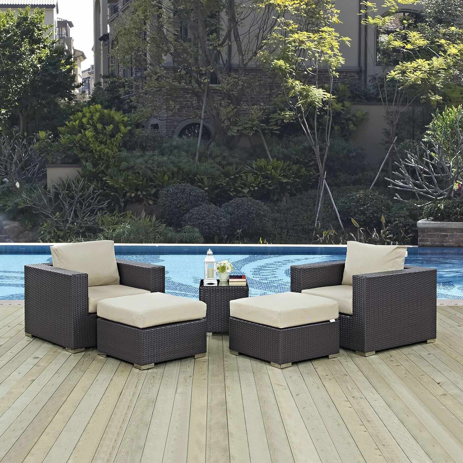 Espresso Beige Wicker Rattan 5-Piece Outdoor Patio Set with Cushioned ...