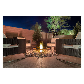 Curvilinear Pool with Gabion Wall, Rime Flow Spa & Fire Urn - Las Vegas ...