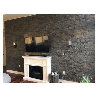 Keystone Stacked Stone Fireplace and TV Wall Design - Living Room ...