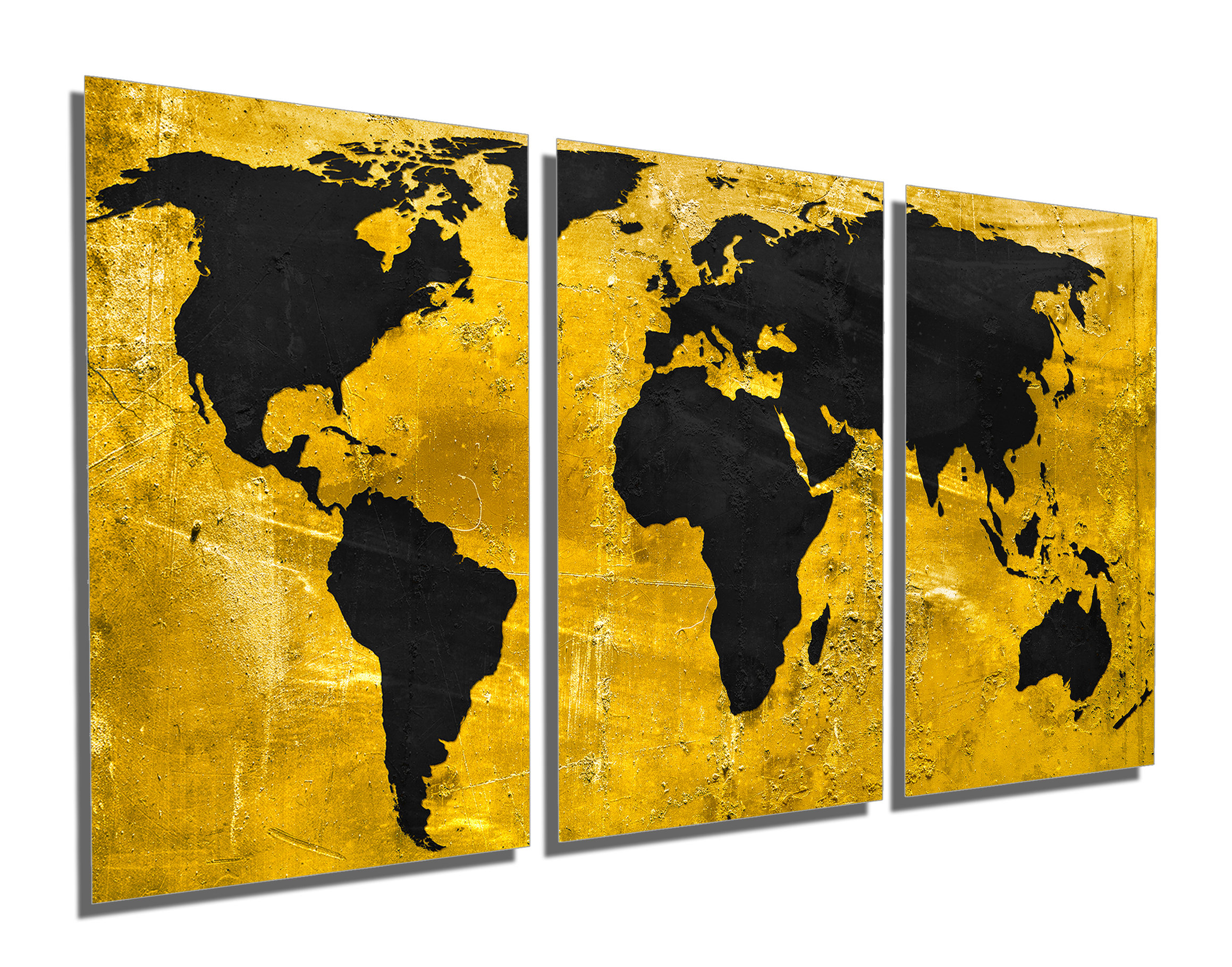 Black And Gold World Map Metal Print Wall Art, 3 Panel Split, Triptych ...