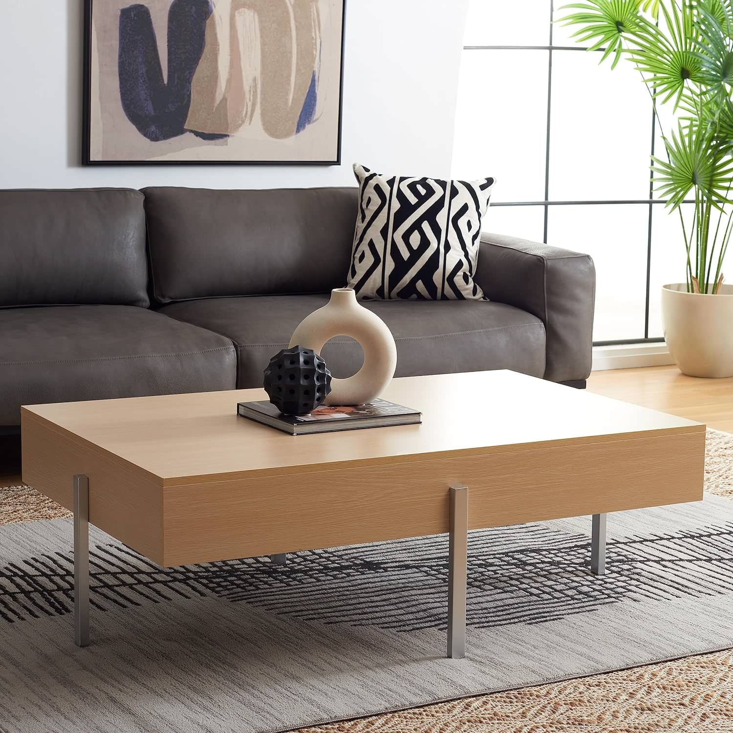 Modern Coffee Table, Metal Legs With Thick Rectangular Wood Top ...