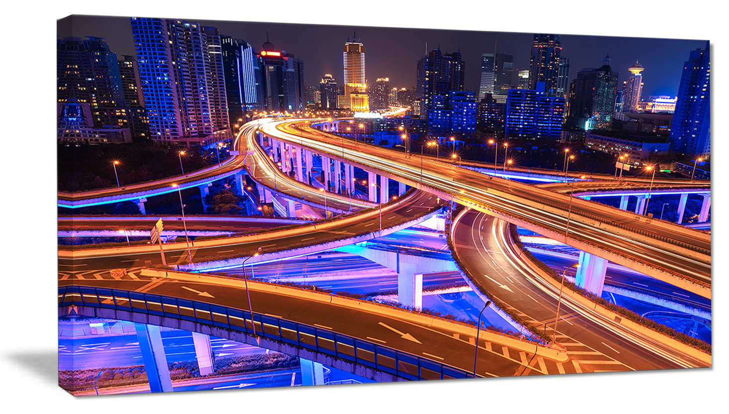 Colorful City Overpass at Night, Cityscape Canvas Art Print, 32"x16 ...