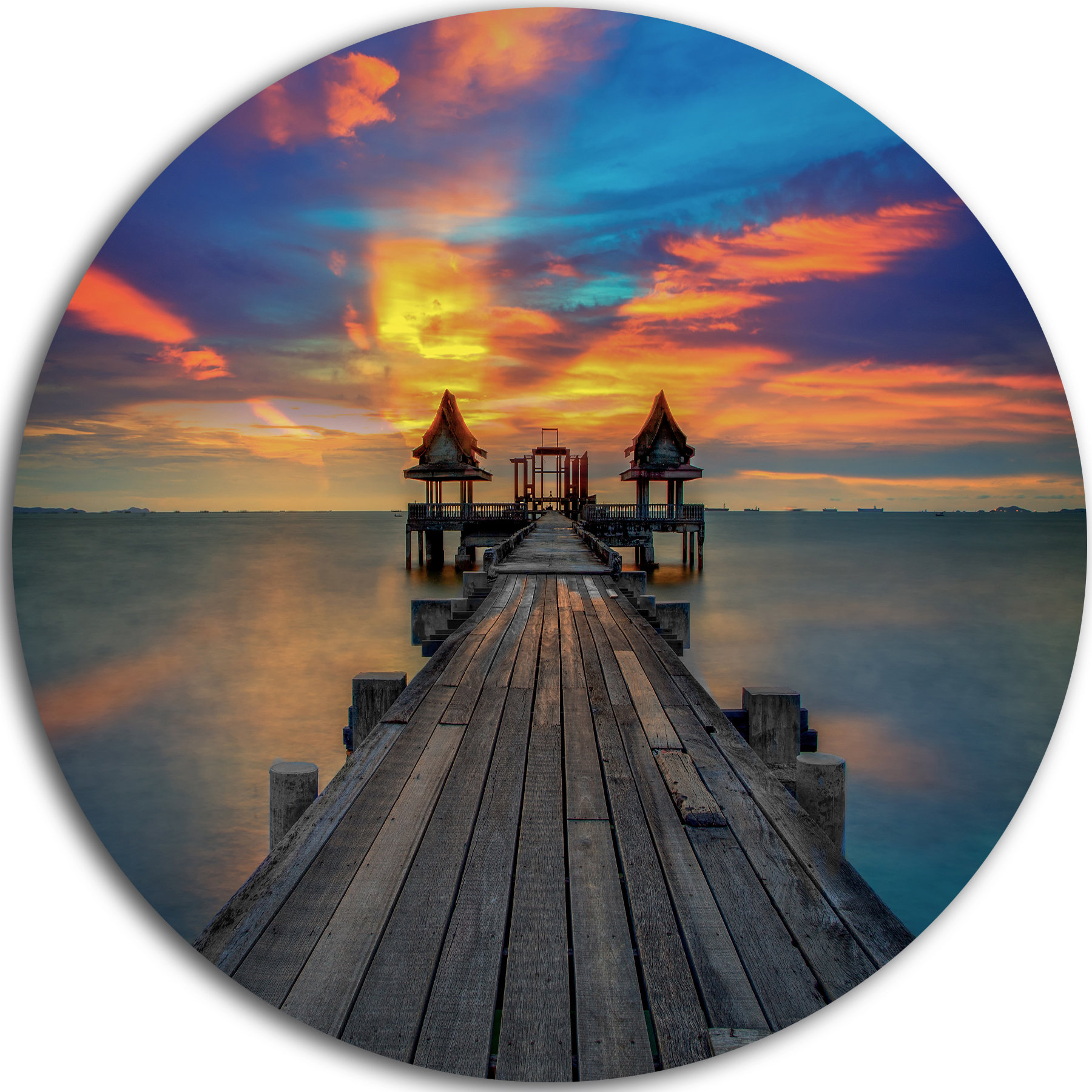 Wide Wooden Bridge Into Distant Sun, Sea Pier Disc Metal Artwork, Disc ...