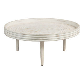 33" Coffee Table, Solid Mango Wood, Handcrafted Round Grooved Raised ...