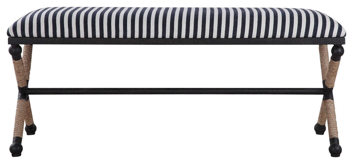 Nautical Rope Striped Long X Bench Coastal Cottage Navy Blue White ...