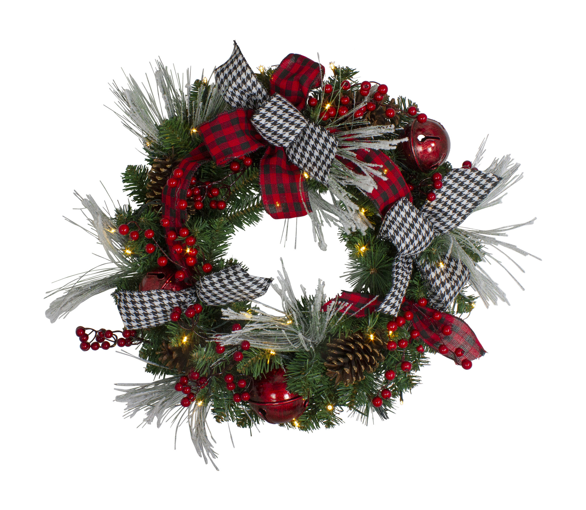 Decorated Plaid, Houndstooth Artificial Christmas Wreath 24" Warm White ...