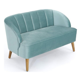 Seafoam Blue Velvet Sofa, Seashell Design, Walnut Legs, Modern Loveseat ...