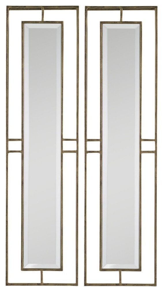 Modern 2-Set Beveled Wall Mirrors in Antiqued Gold Finish Linear Metal ...