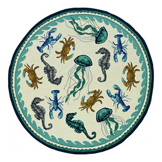 5' X 7' Ivory Or Teal Sea Creatures Indoor Outdoor Area Rug - Beach ...