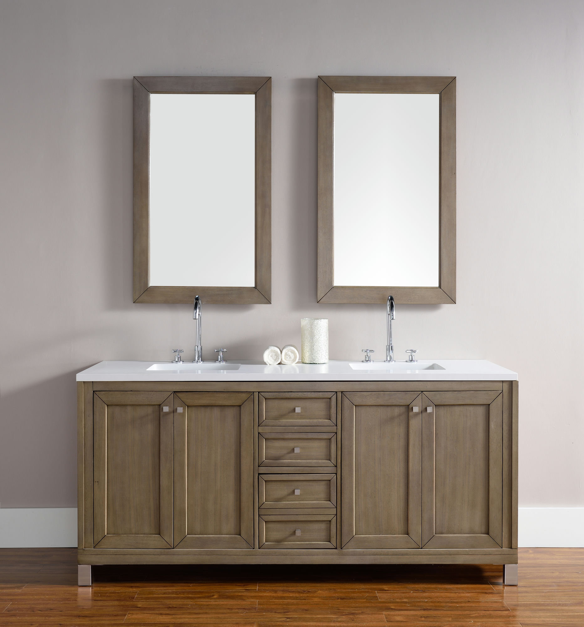 Chicago 72" Double Vanity, Whitewashed Walnut w/ 3 CM Classic White ...
