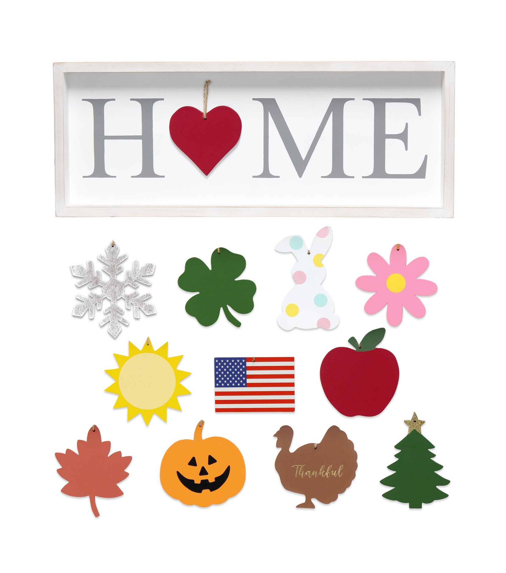 Wooden Seasonal Interchangeable Symbol "Home" Frame With 12 Ornaments ...