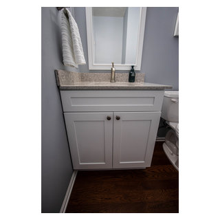 Powder Room with White Vanity and Quartz Countertop - Transitional ...