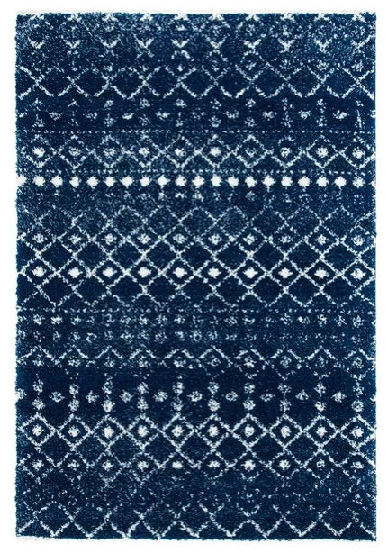 Fringe Shag Aztec Area Rug with Navy and Ivory Tribal Geometric Pattern ...