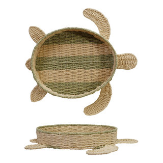 Woven Paper Rope Turtle Shaped Basket With Stripes, Natural and Green ...