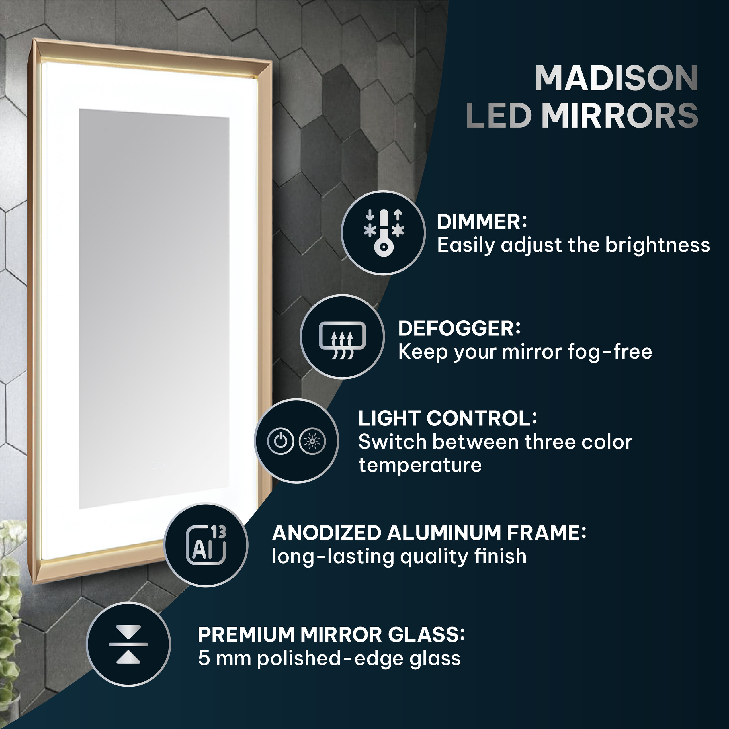 Madison LED Lighted Chamfer Frame Mirror, Defogger, Matte Black, 60"x36 ...