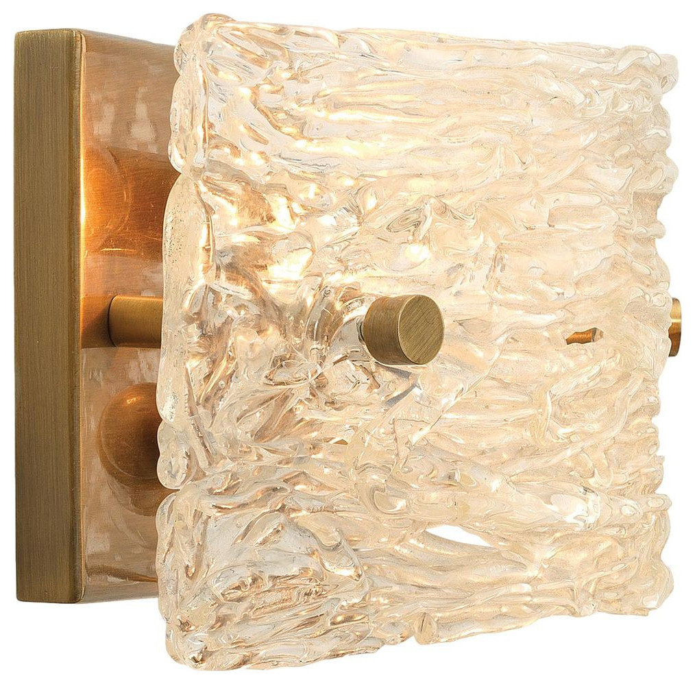 Elegant Clear Ripple Glass Rectangle Wall Sconce 12 in Curved Brass ...
