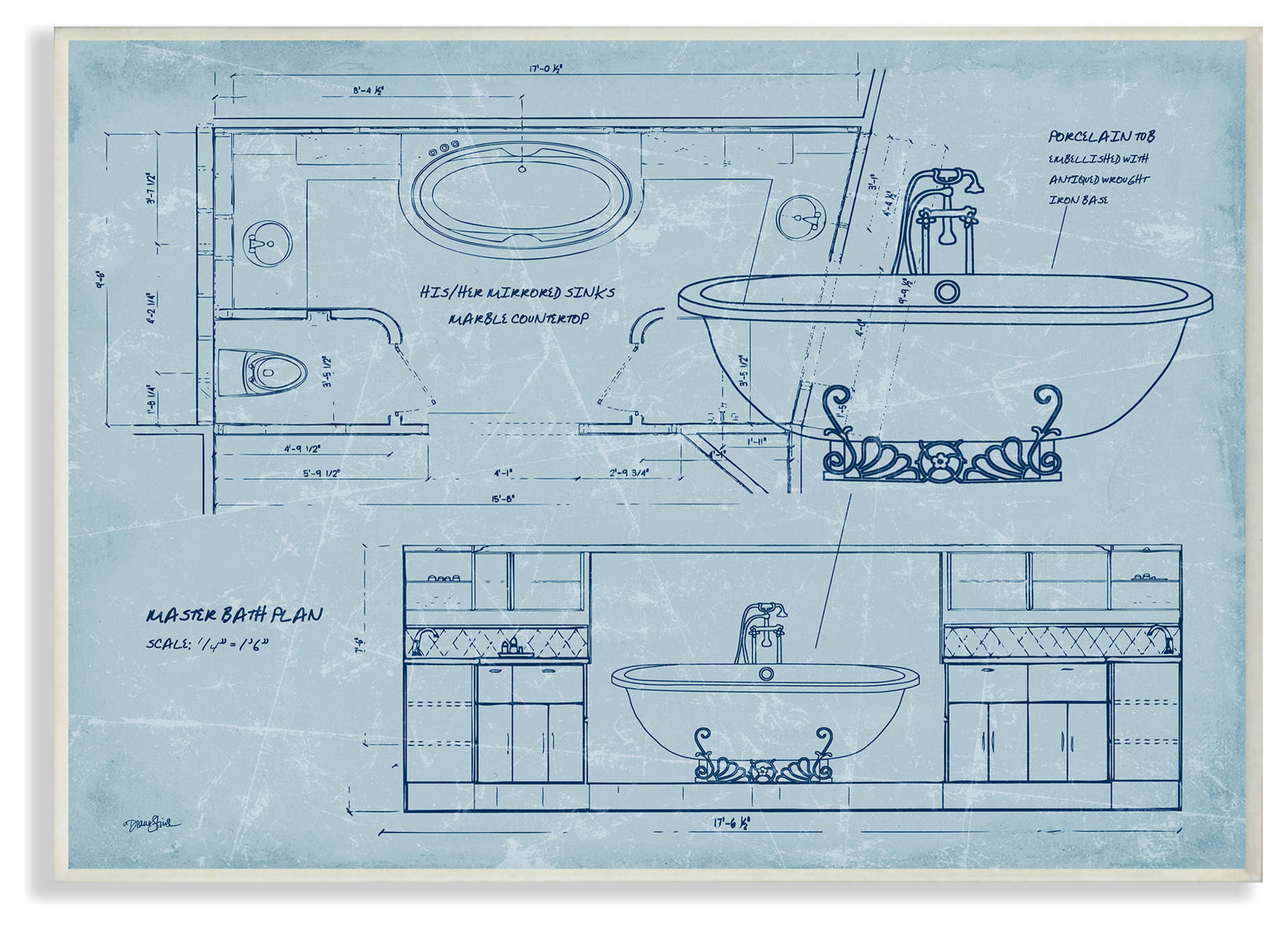 Master Bath Plan Blueprint, 10"x15" - Contemporary - Prints And Posters ...