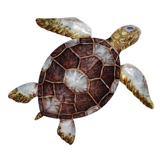 Sea Turtle Wall Decor With Brown Checkered Shell - Beach Style - Metal ...