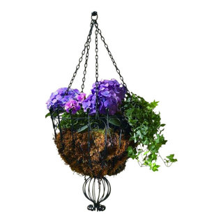 Ornate Black Open Scroll Iron Hanging Basket Wall Planter Wire Outdoor ...