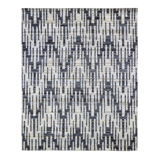 Zig Zag Design Black and White Pure Silk and Wool Oriental Rug, 8'0" x ...