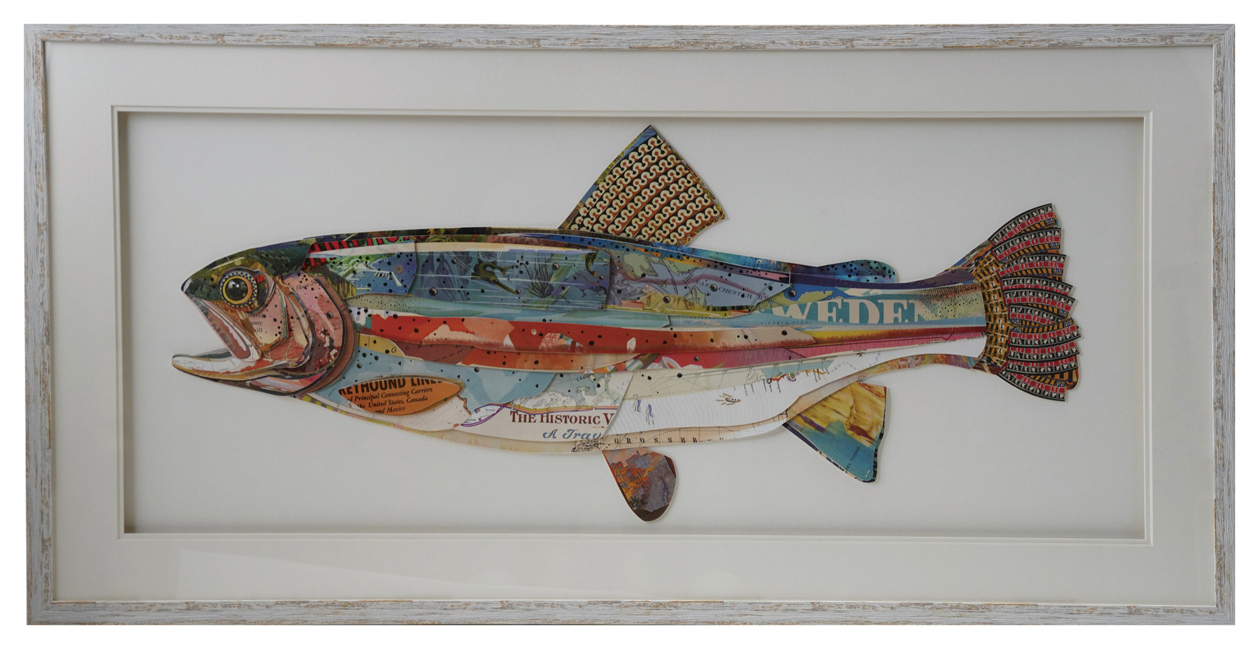 Wood and Glass Framed Paper Shadow Box Wall Decor With Fish Print ...