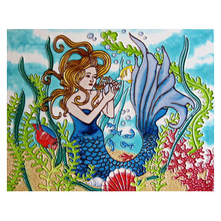 11x14" Mermaid With a Blue Tail Ceramic Art Tile Wall Decoration Accent ...
