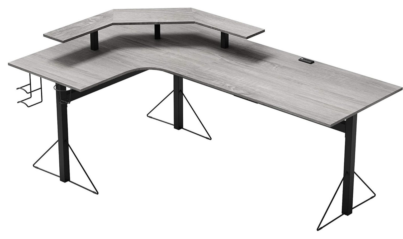 Sleek Modern L-Desk, Elevated Monitor Stand, Charging Station, Gray ...