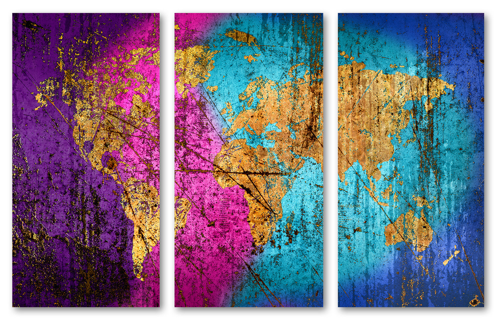 Abstract Wave Wall Art World Map Canvas Print, 3 Panel Split, Triptych ...