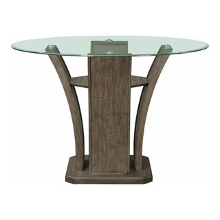 Transitional Counter Dining Table, Unique Wooden Base & Round Glass Top ...