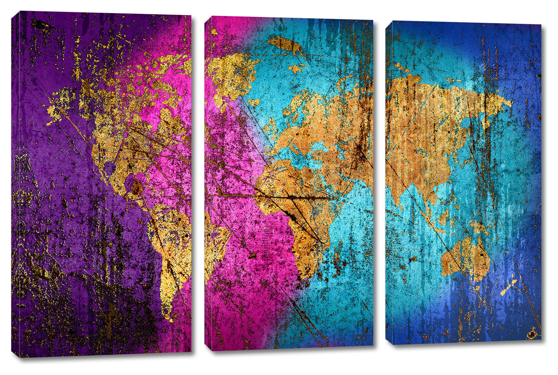 Abstract Wave Wall Art World Map Canvas Print, 3 Panel Split, Triptych ...