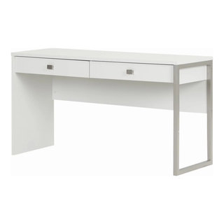 Contemporary Desk, Pure White Wooden Top & 2 Drawers With Square Pull ...