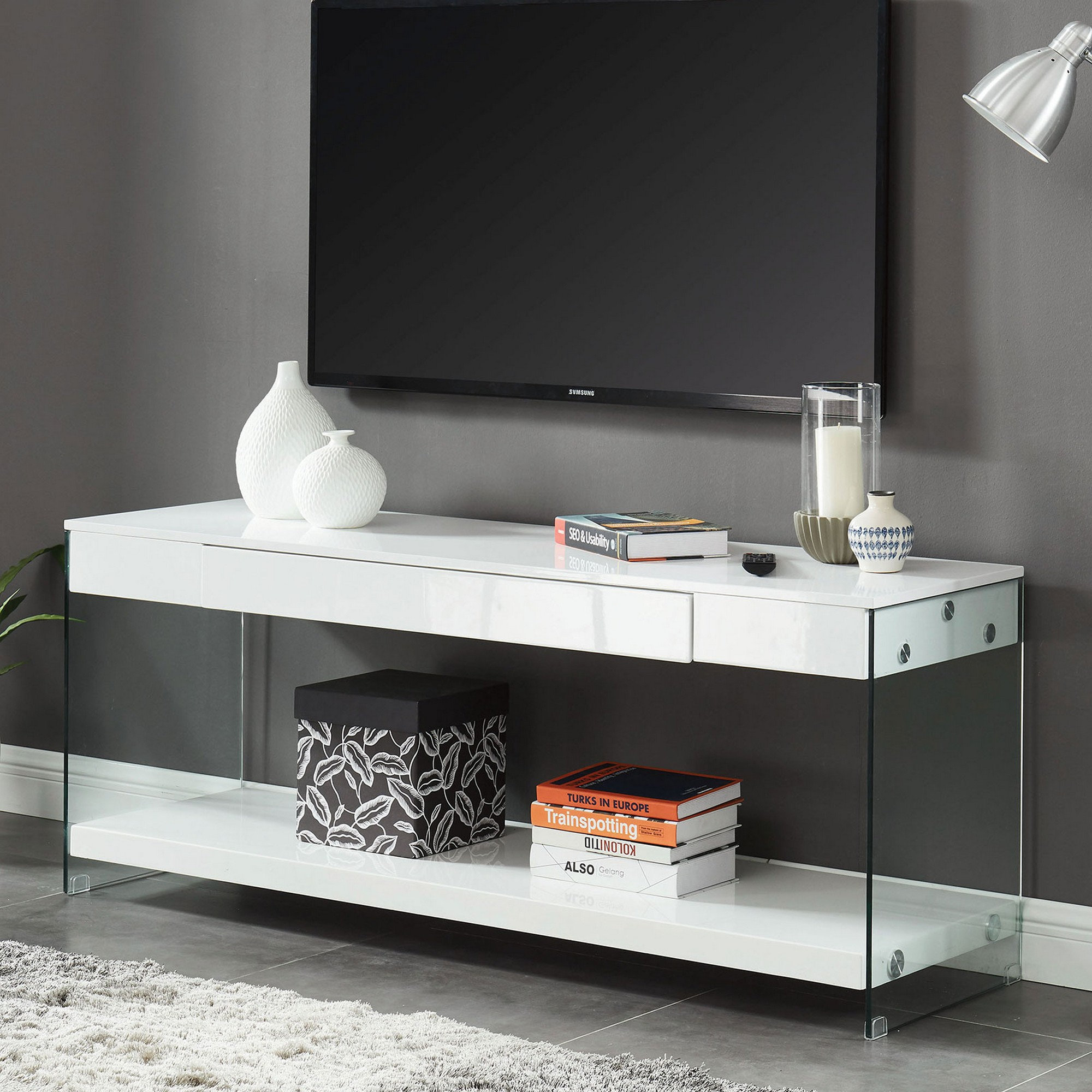Benzara BM217503 Contemporary Plastic TV Stand with Glass Side Panels ...